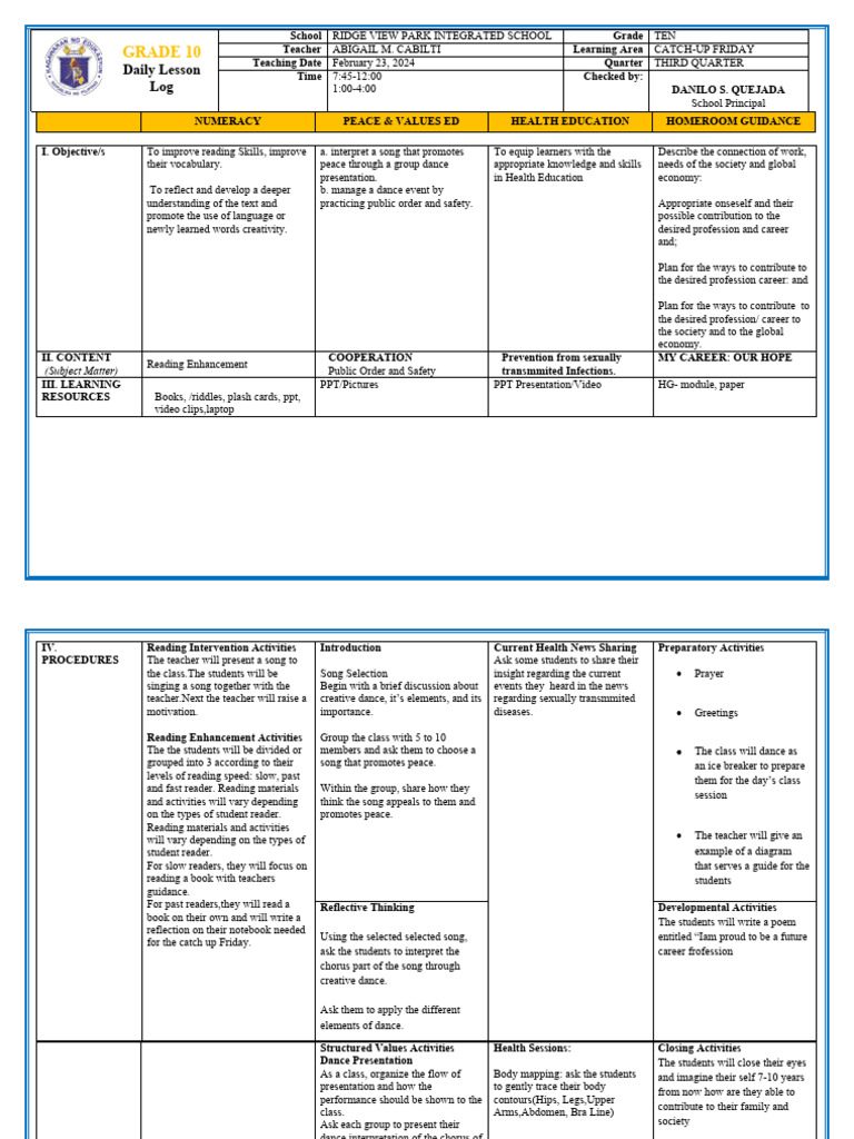 Grade 10 Health and Reading Activities | PDF | Teachers | Learning
