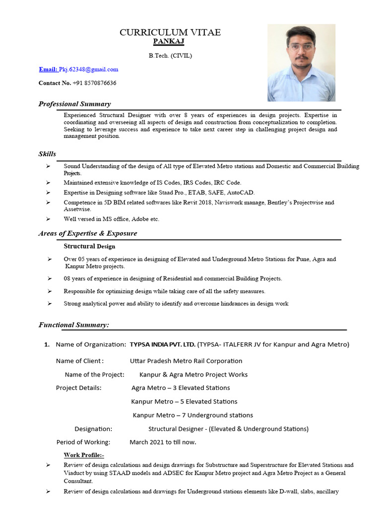 Pankaj - Structural Engg - Work Exp. 08 Yrs. | PDF | Engineering