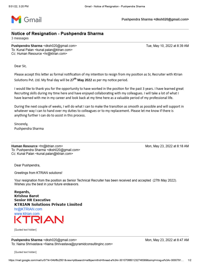 Resignation Acceptance Mail - Pushpendra Sharma | PDF