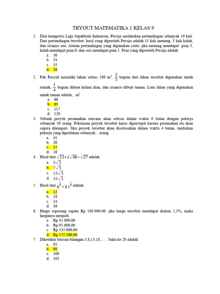 Tryout Matematika 1 Kelas 9 | PDF