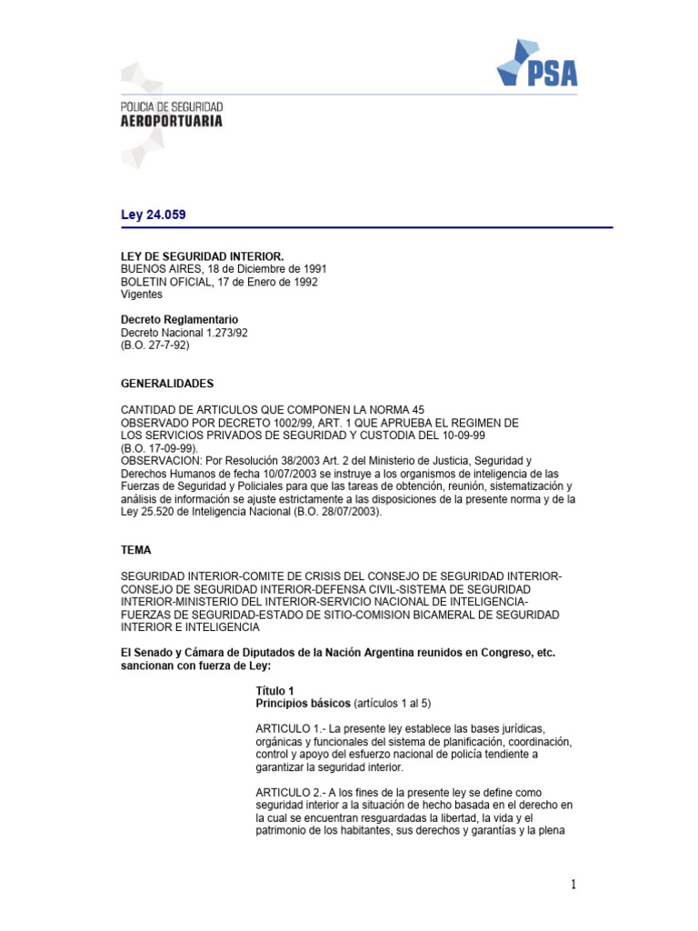 Ley #24059 de Seguridad Interior | PDF | Policía | Agencia de la ley