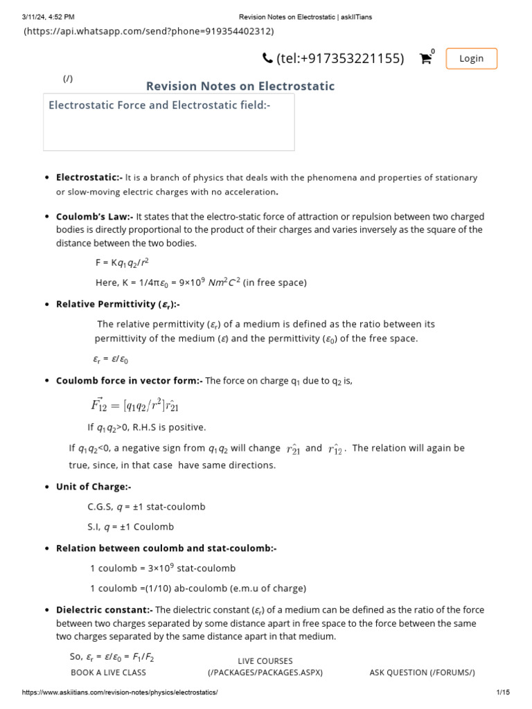 Revision Notes on Electrostatic AskIITians | PDF | Electrostatics ...