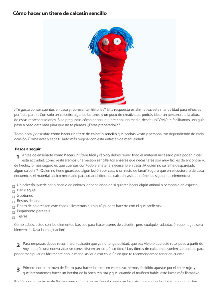 8 Cómo Hacer Un Títere de Calcetín Sencillo Autor Carla Martínez Dantí | PDF | Calcetín