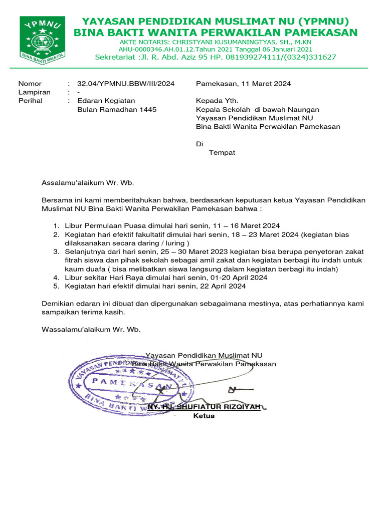 Surat Edaran Yayasan 2024 | PDF