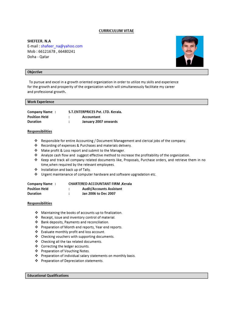 E-Mail: Mob: 66121678, 66480241 Doha - Qatar: Curriculum Vitae Shefeer. N.A | PDF | Business