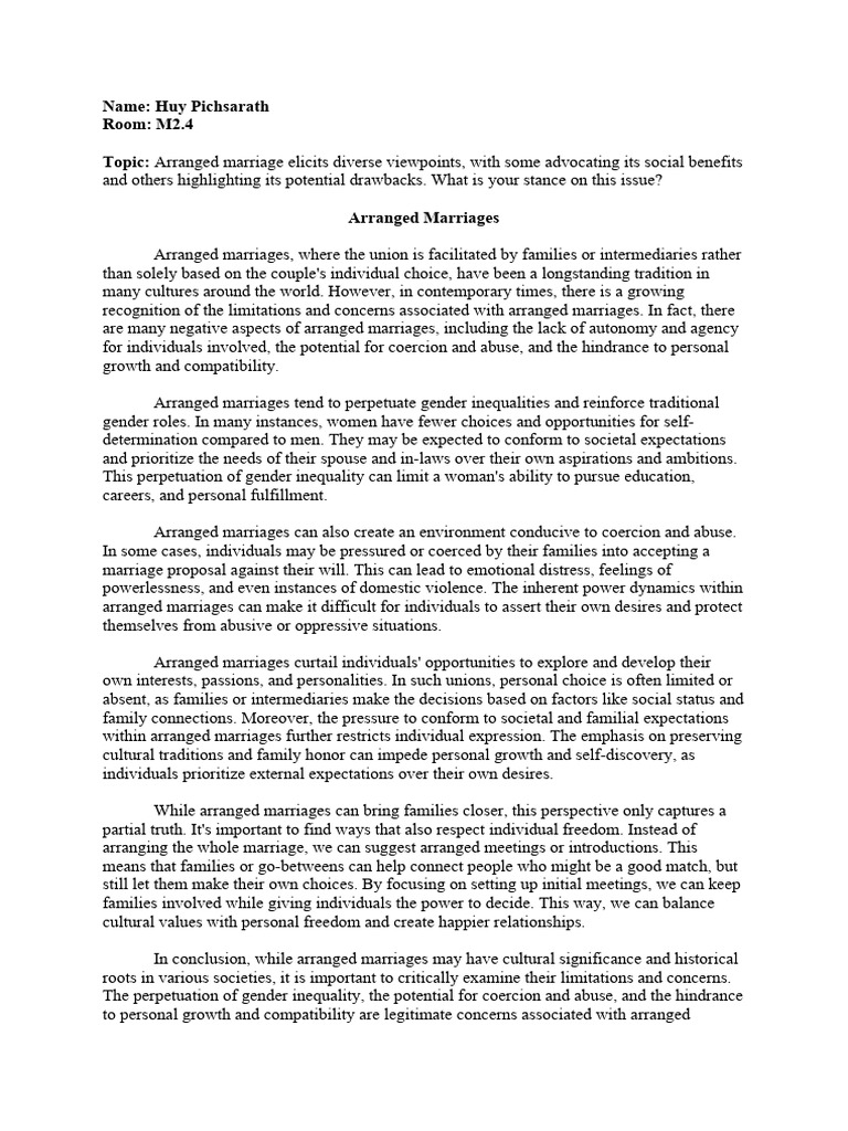 Argumentative Essay Arranged Marriages - No Counter (Sarath) | PDF ...