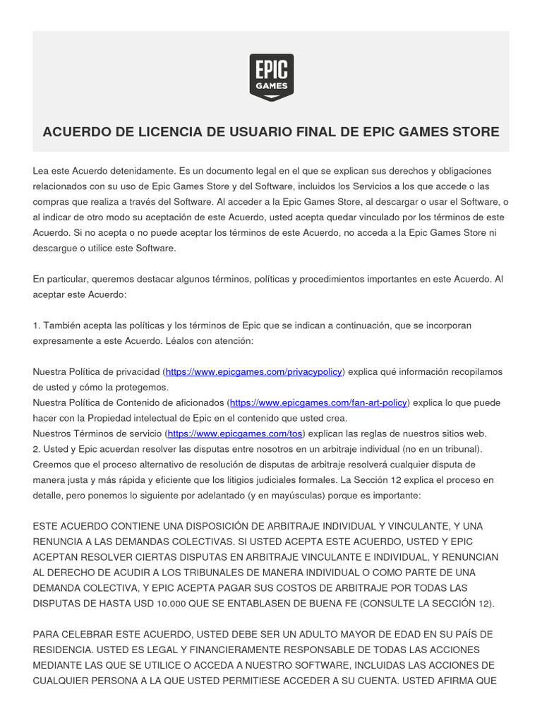 Acuerdo de Licencia de Usuario Final de Epic Games Store | PDF | Arbitraje | Daños y perjuicios