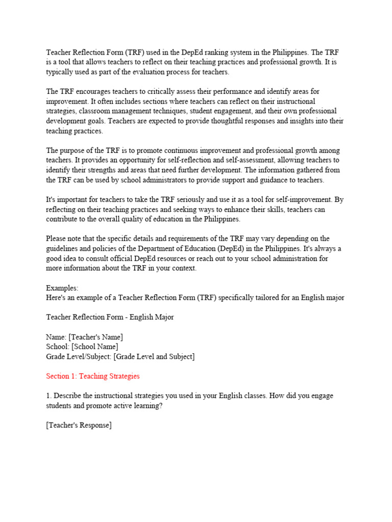 Teacher Reflection Form - English From CICI | PDF | Classroom ...
