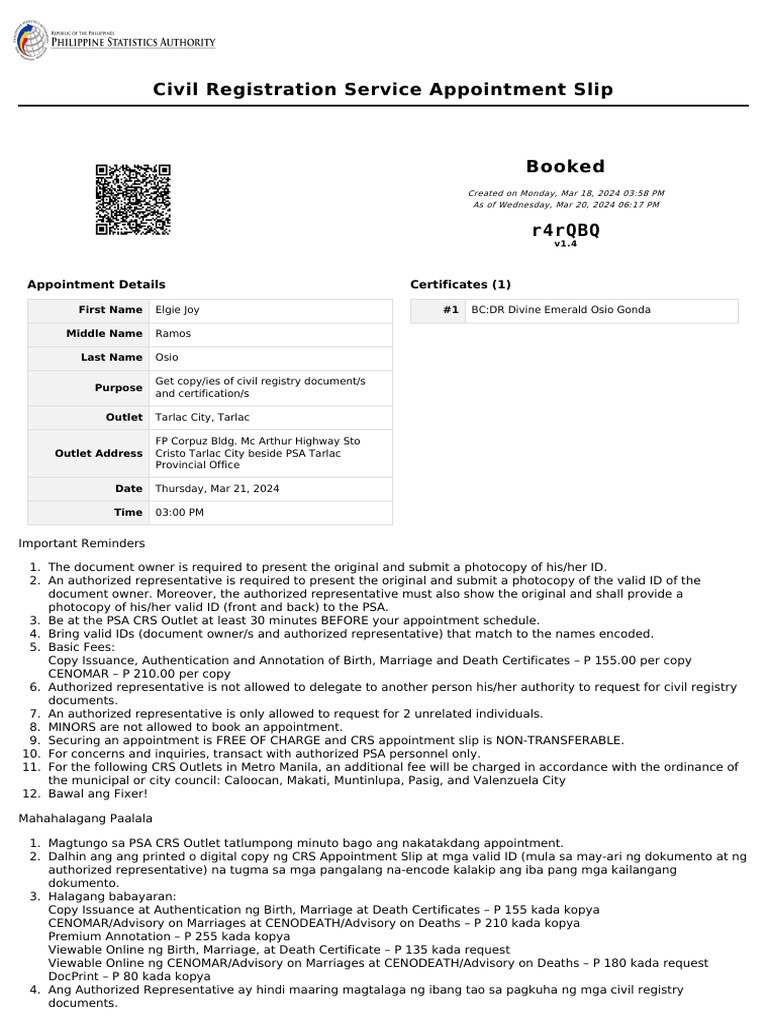 Civil Registration Service Appointment Slip | PDF