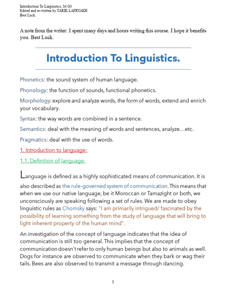 Introduction To Linguistics (A Full Course) Notes by Tarik | PDF ...