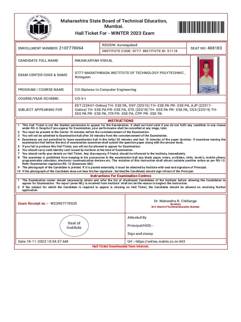 Aaryan Hallticket | PDF