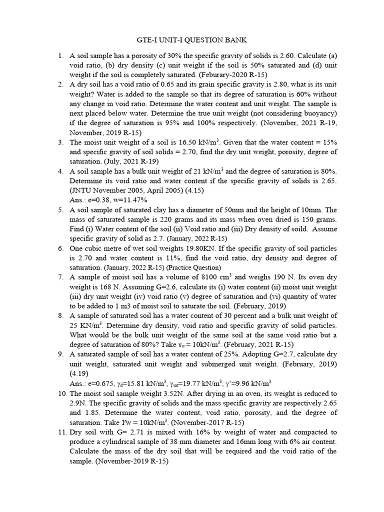 GTE-I Tutorials - Unit I 2022 | PDF | Density | Soil