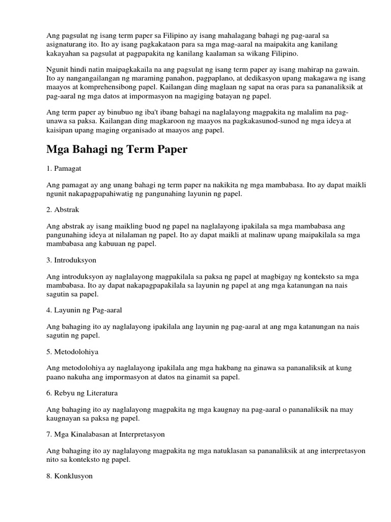 Mga Parte NG Term Paper Sa Filipino | PDF