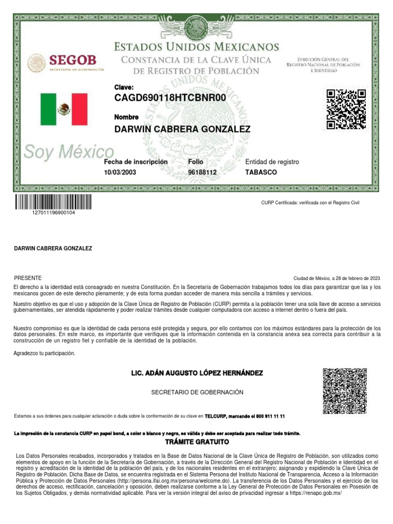 CAGD690118HTCBNR00: Darwin Cabrera Gonzalez | PDF | Gobierno