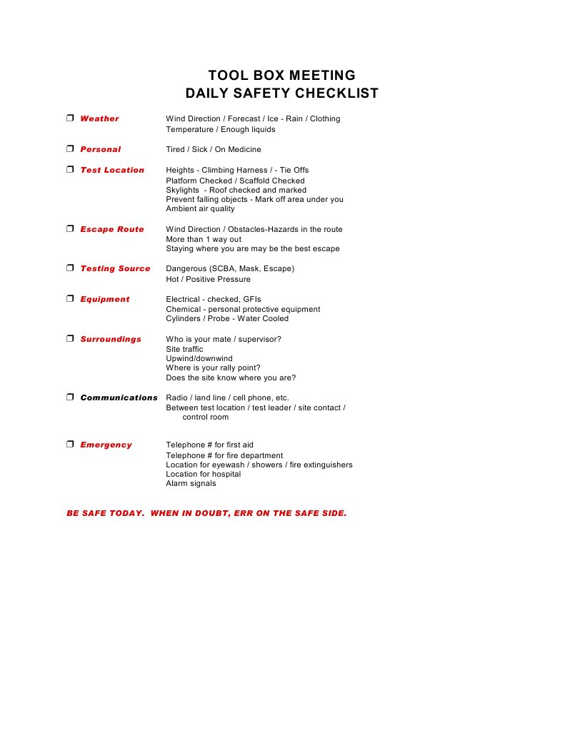 Example 2 - Tool Box Meeting - Daily Safety Checkilst | PDF