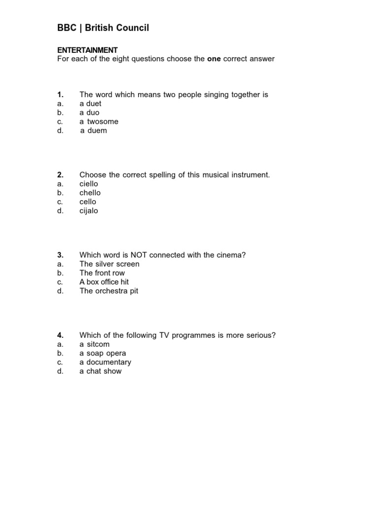 Entertainment Quiz | PDF | Entertainment | Performing Arts
