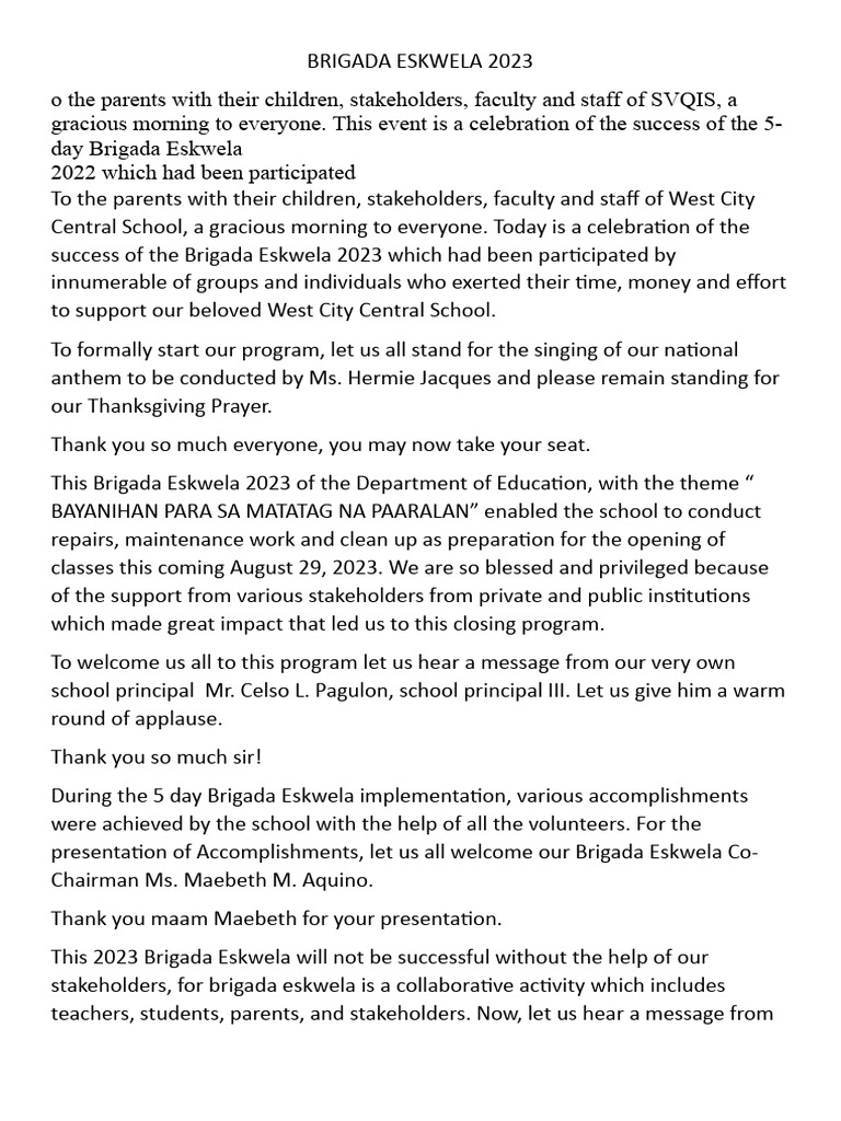 Brigada Eskwela 2023 Script | PDF