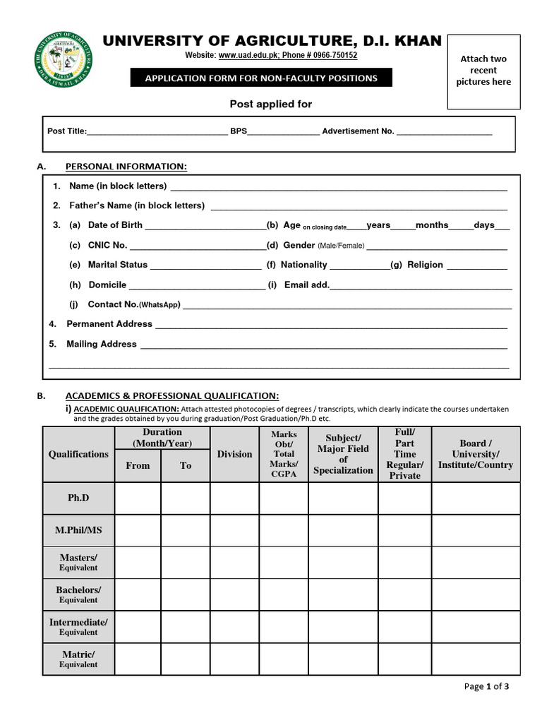 UAD Application Form (Non-Faculty Positions) | PDF | Doctor Of ...