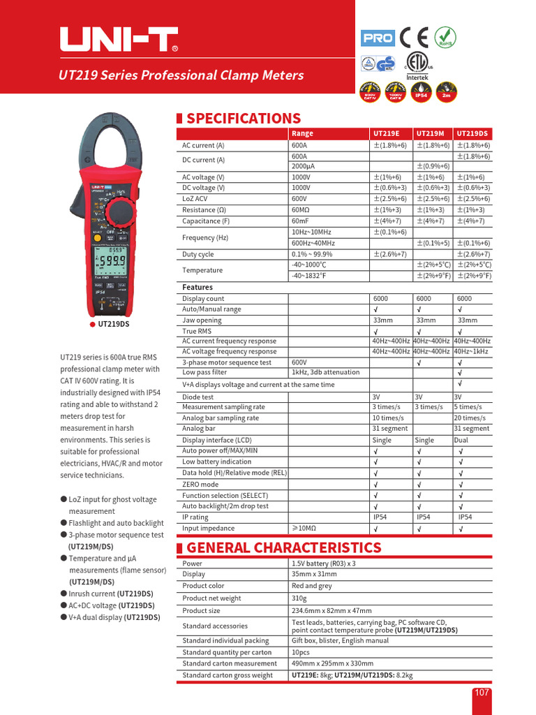Specifications: UT219 Series Professional Clamp Meters | PDF | Alternating Current | Electric Power