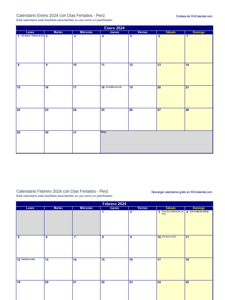 Calendarios 2024 Perú con Feriados | PDF | Calendario | Perú