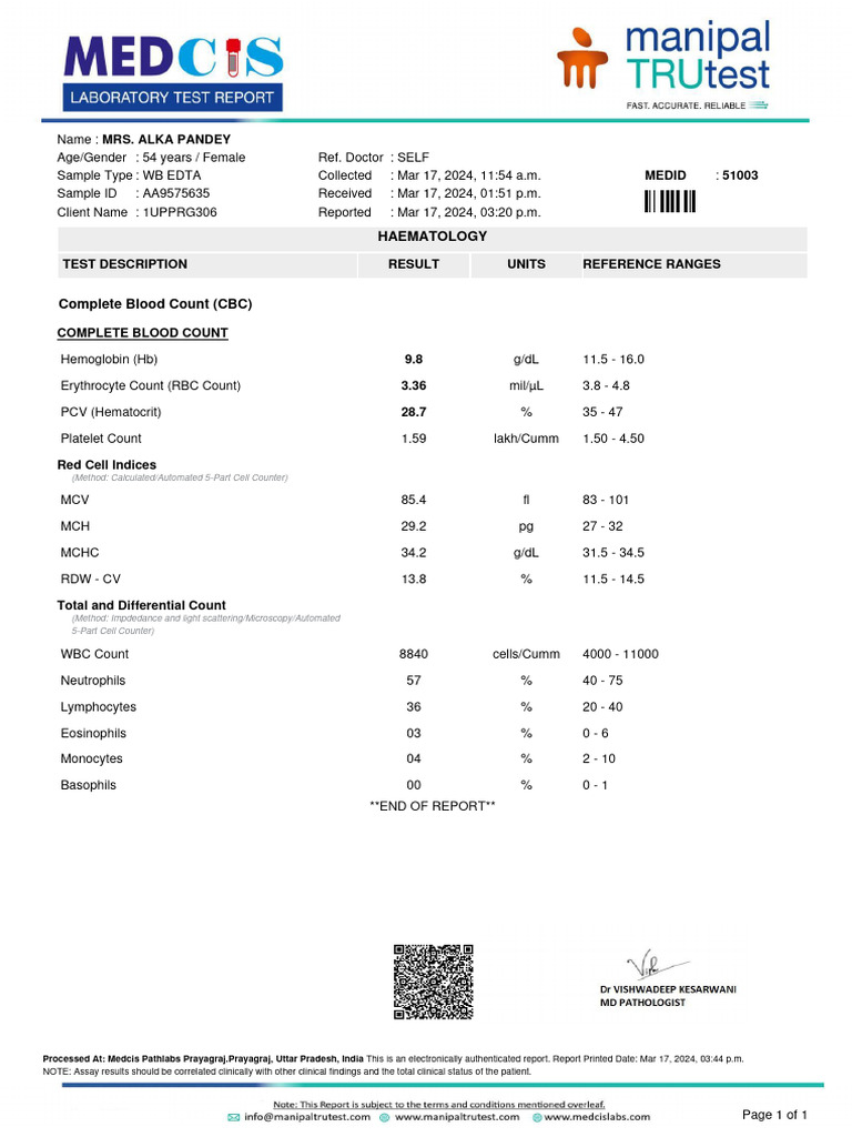 Alka Pandey-Female54 Years-53200 | PDF | Cell Biology | Blood