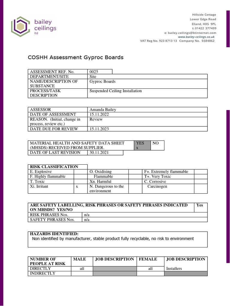 COSHH Assessment Gyproc Board | PDF | Toxicity | Workplace