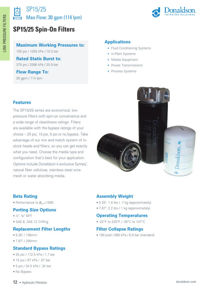 Hydraulic SP15 25 | PDF | Filtration | Pressure