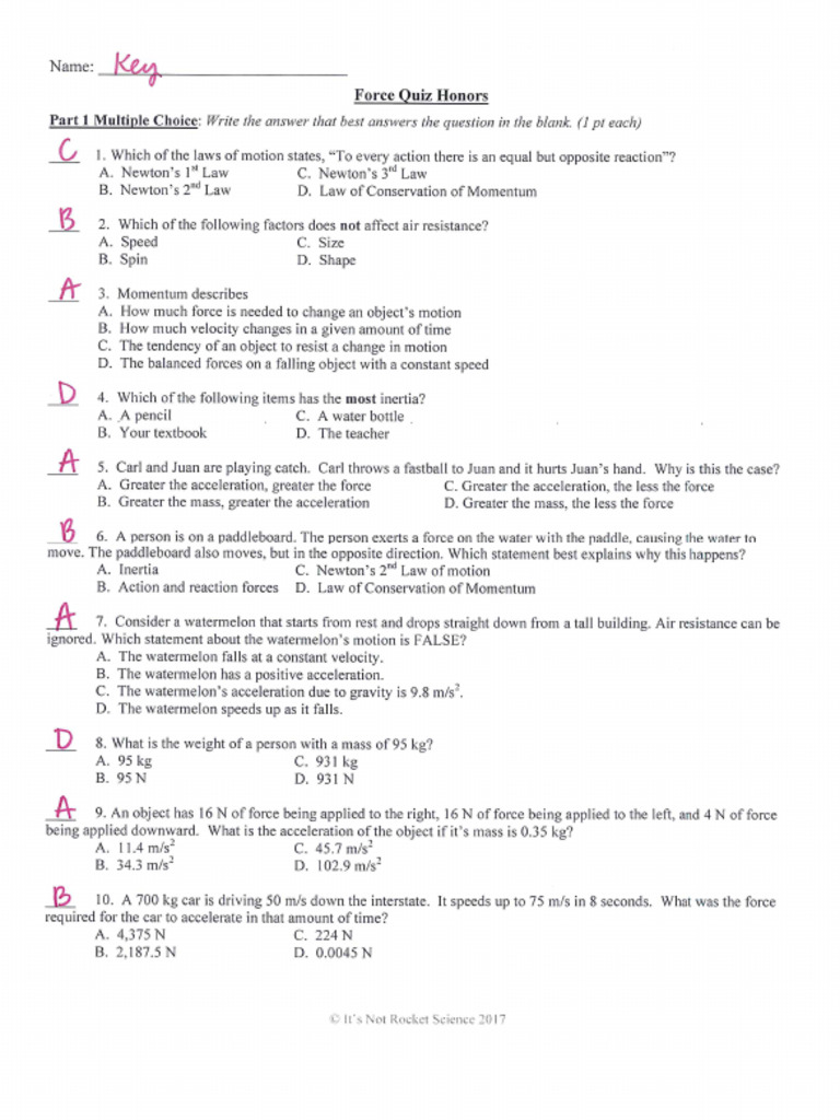 Force Quiz Key Honors | PDF