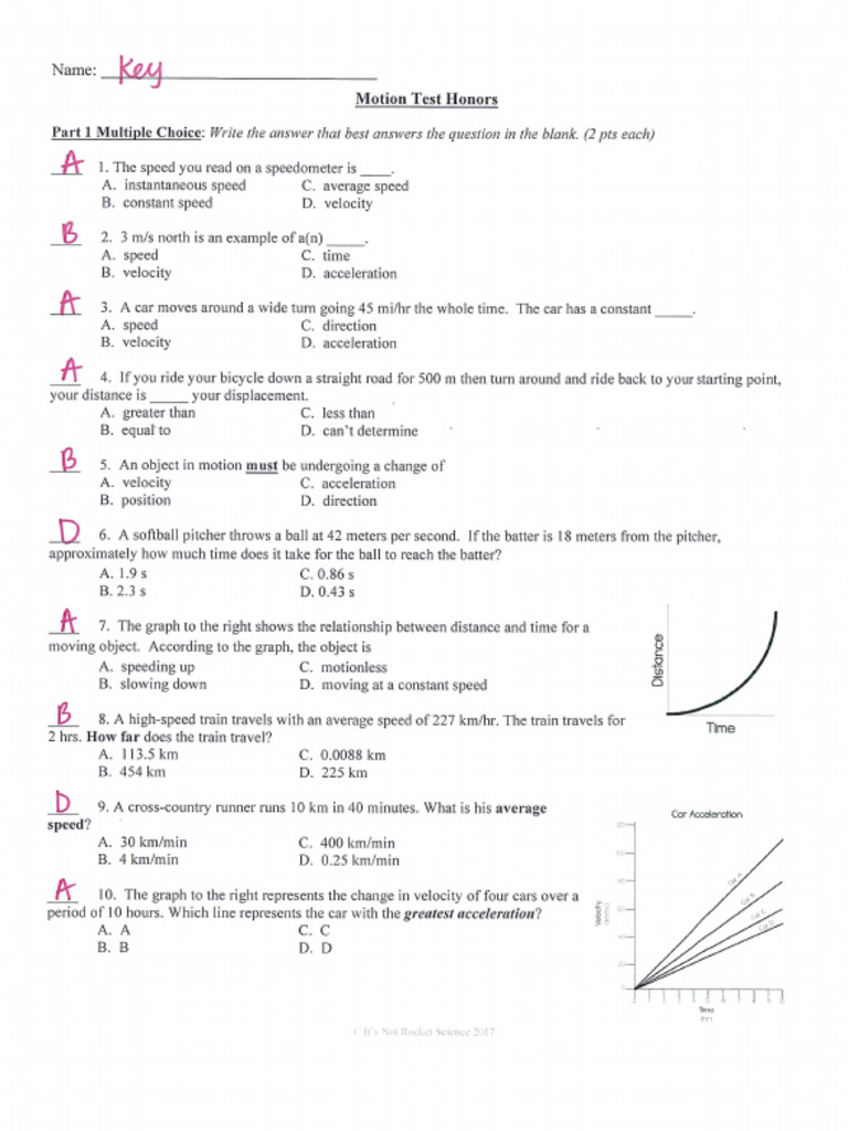 Motion Test Key Honors Pdf