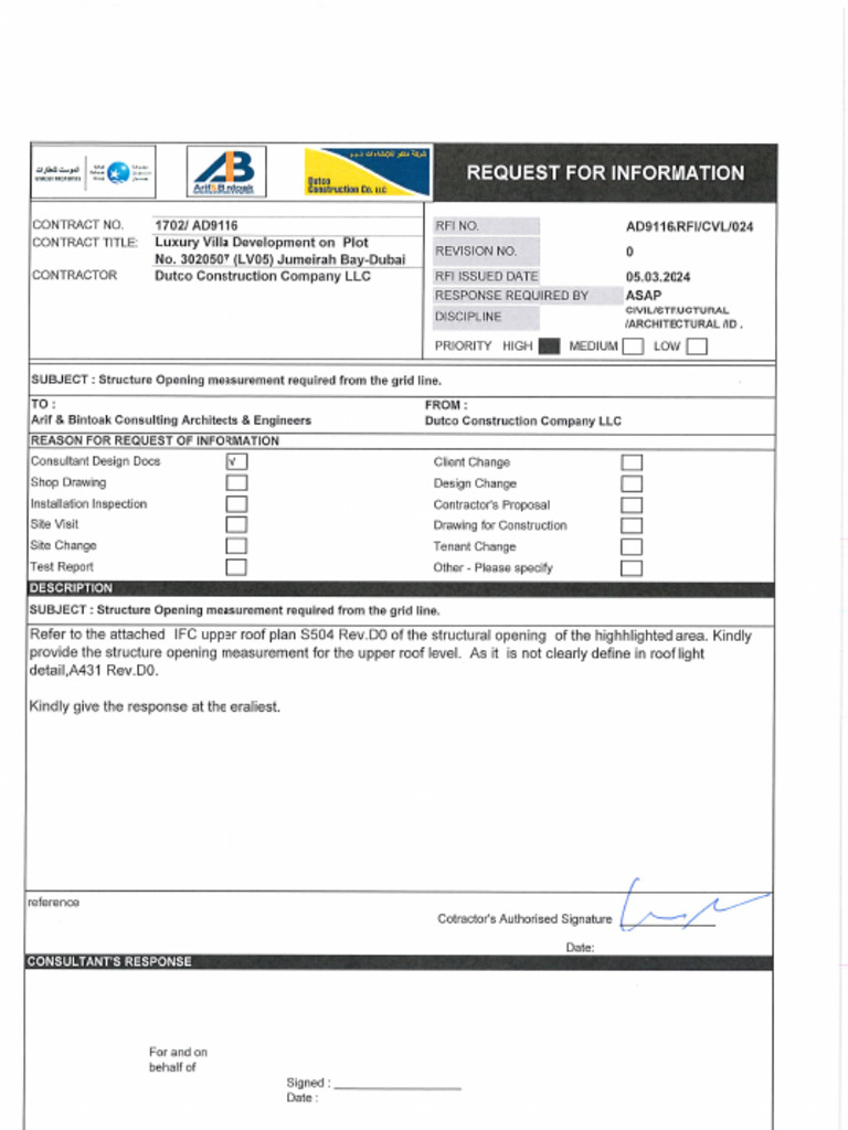 AD9116-RFI-CVL-024 - Rev.00-RFI For Structure Opening Measurement Required From The Grid Line | PDF