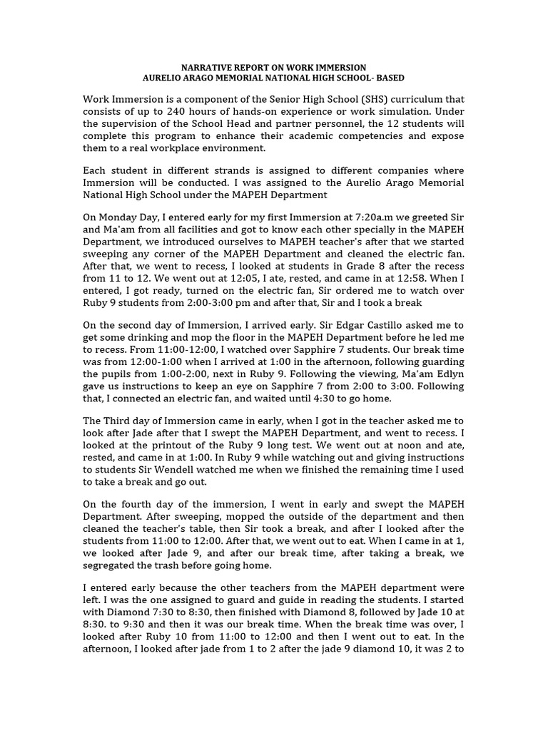 Narrative Report on Work Immersion | PDF