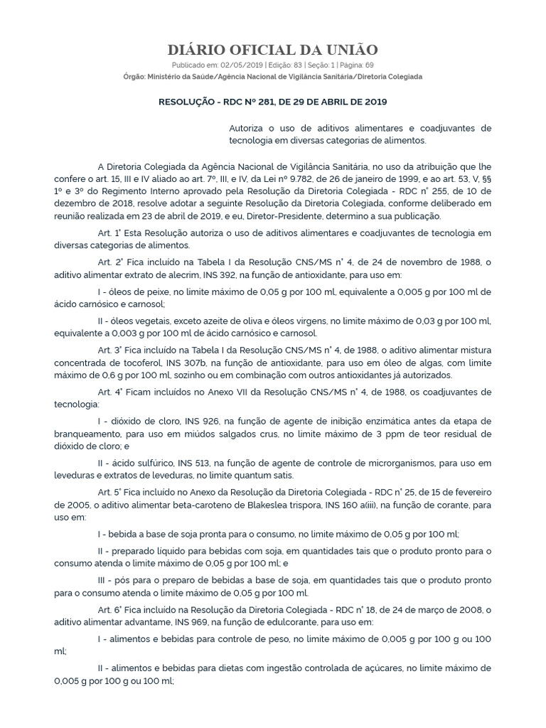 Aditivos Alimentares: RDC 281/2019 | PDF | Soja | Ciência Gastronômica