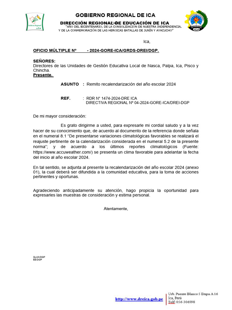 Oficio Multiple - Recalendarizacion Del Año 2024 | PDF | Viajes y turismo