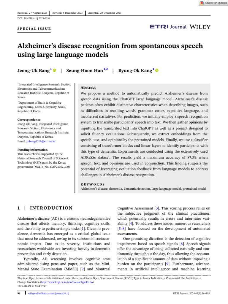 ETRI Journal - 2024 - Bang - Alzheimer S Disease Recognition From Spontaneous Speech Using Large ...