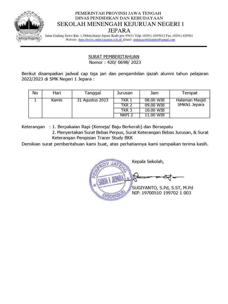 Surat Pemberitahuan Cap Tiga Jari dan Pengambilan Ijazah | PDF