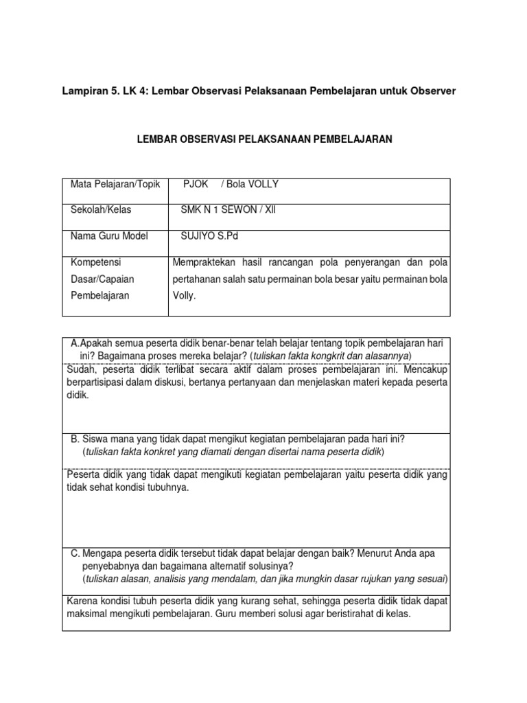 Lampiran 5. LK 4 Lembar Observasi Pelaksanaan Pembelajaran Untuk Observer | PDF | Sains & Matematika
