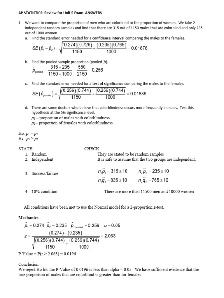 Unit 5 Exam Review Answers | PDF | P Value | Type I And Type Ii Errors