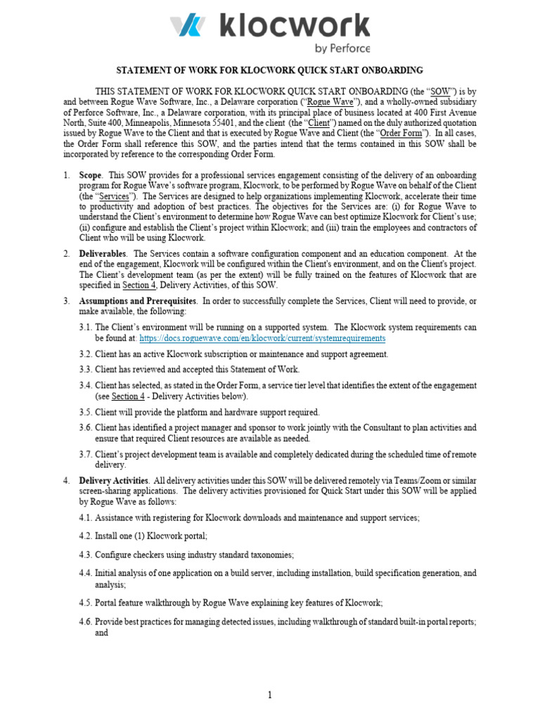 Klocwork - QuickStart - SOW - Terms and Conditions 01.24.2022 | PDF | Confidentiality | License