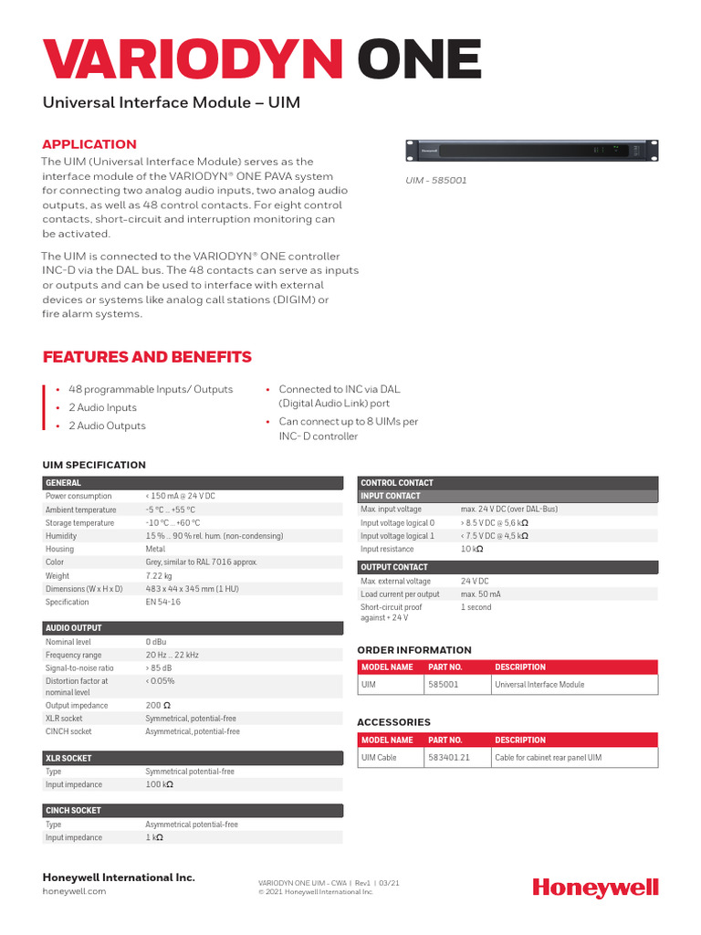 HW - VARIODYN ONE UIM - Datasheet - EN - Mar21 - C | PDF | Input/Output | Information And ...
