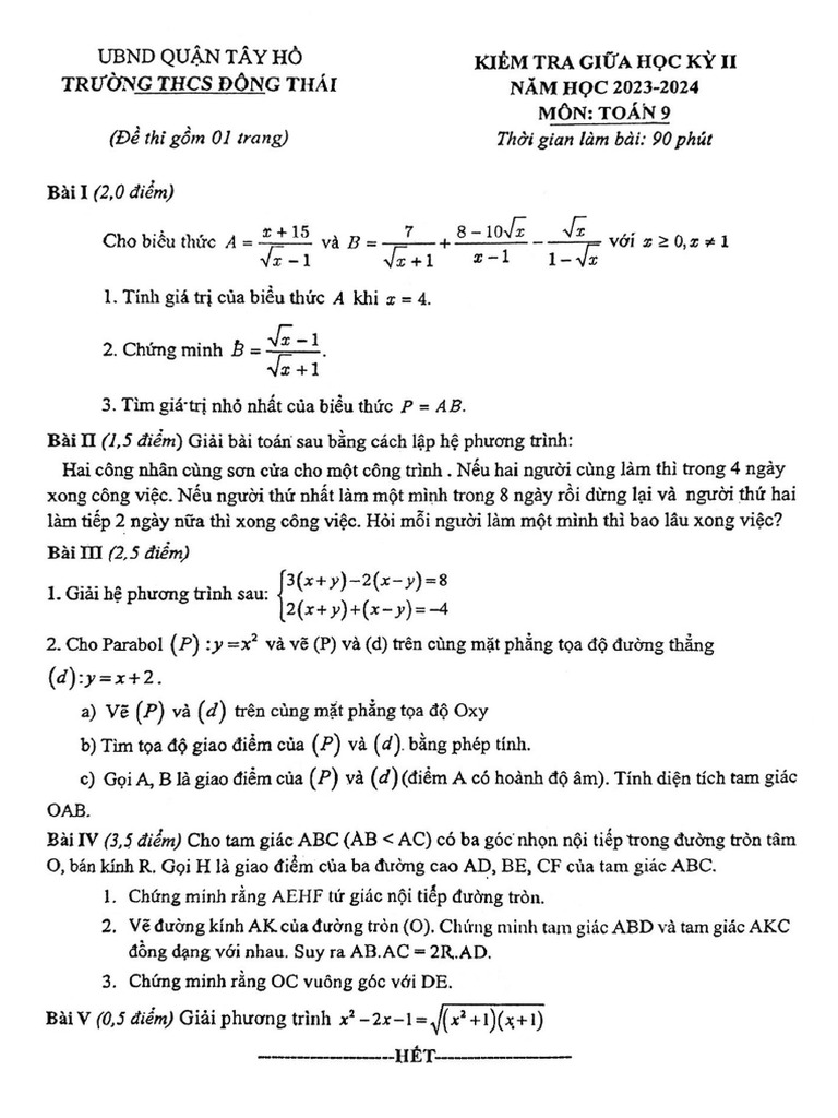 De Giua Hoc Ky 2 Toan 9 Nam 2023 2024 Truong Thcs Dong Thai Ha Noi | PDF