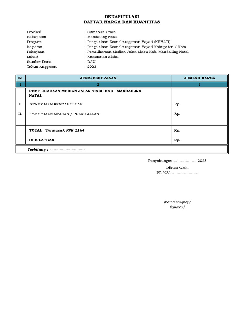 BQ Median Jalan Siabu 2023 | PDF