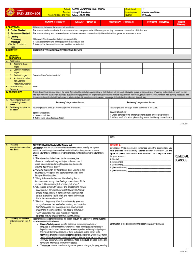DLL CREATIVE NonFiction 1st and 2nd Week 2024 | PDF | Learning | Creative Nonfiction