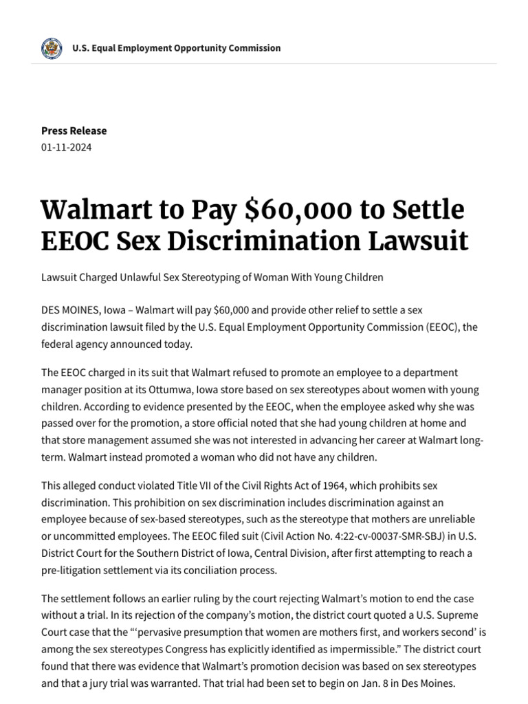 Walmart To Pay 60000 To Settle Eeoc Sex Discrimination Lawsuit U | PDF ...
