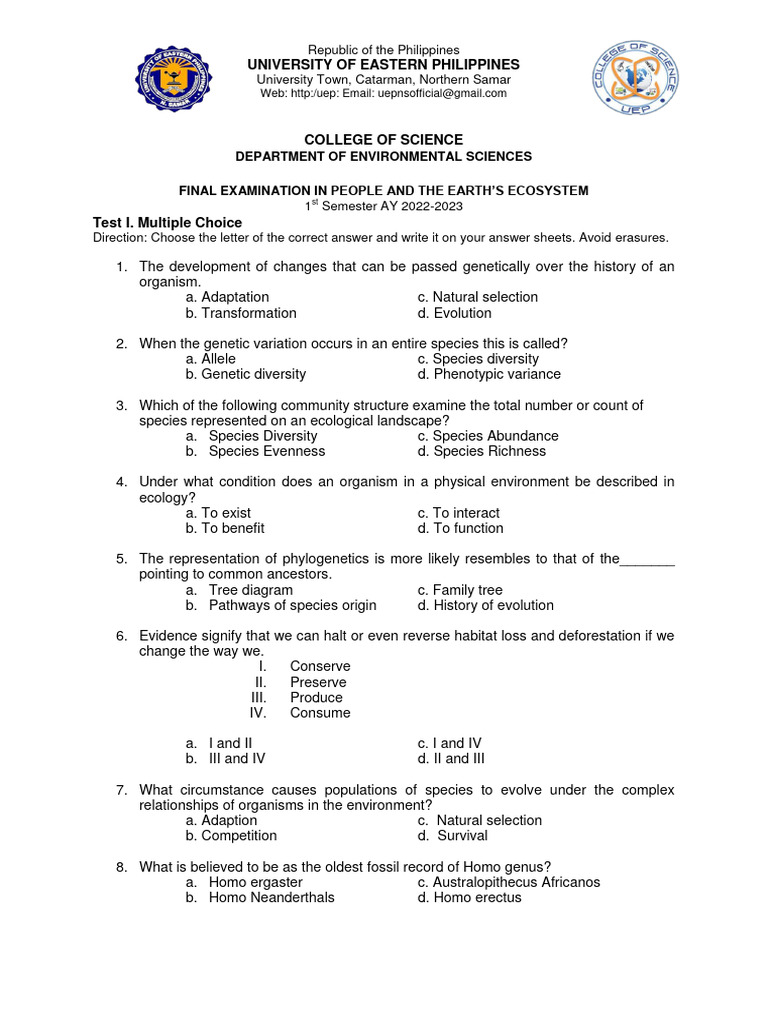 People and Earth Ecosystem Final Exam | PDF | Species | Evolution