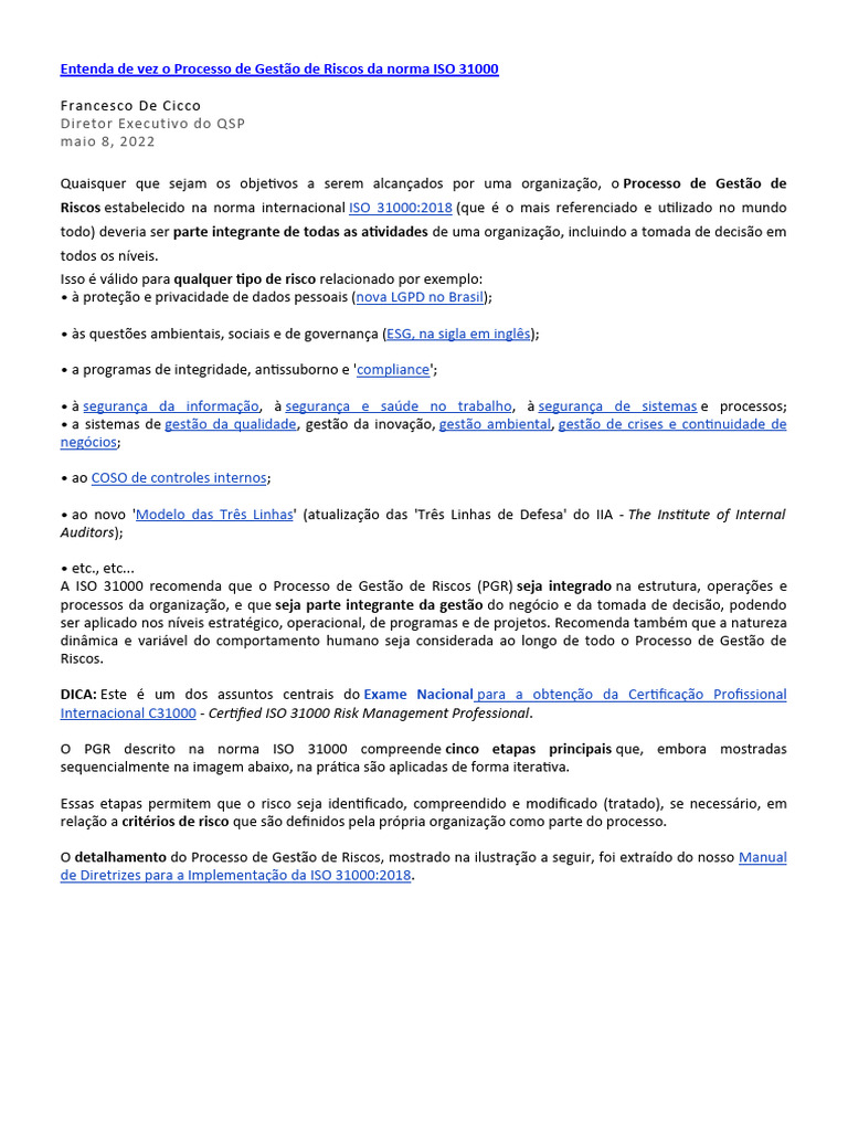 Entenda de Vez o Processo de Gestão de Riscos Da Norma ISO 31000 | PDF ... Entenda de Vez o Processo de Gestão de Riscos Da Norma ISO 31000 | PDF ...