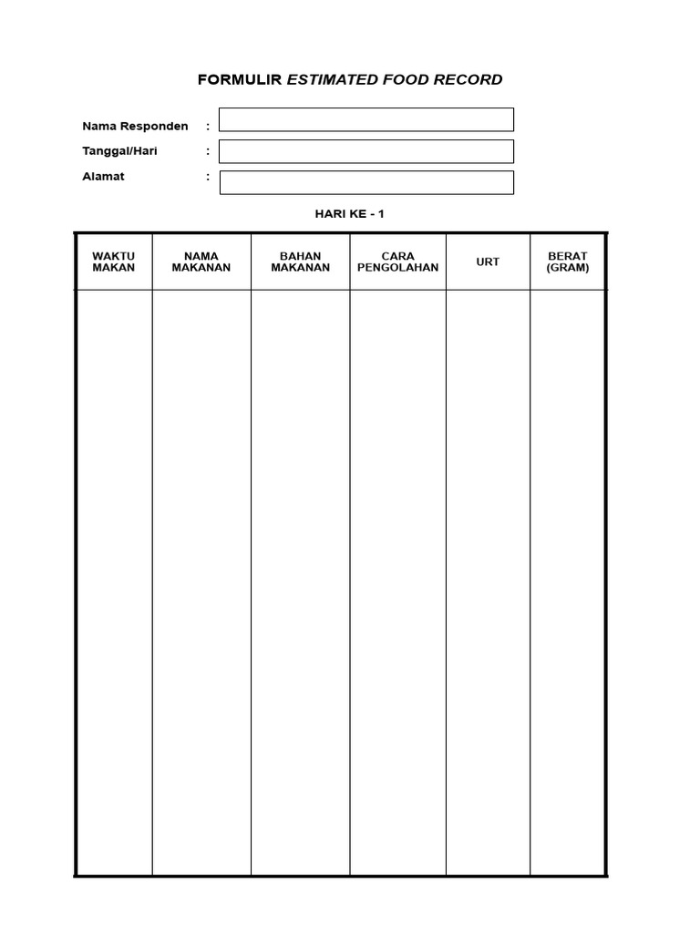 Formulir Estimated Food Record 2021 | PDF