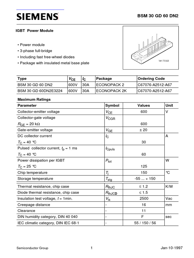 Igbt (Siemens) BSM30GD60DLCE3224 | PDF | Diode | Electrical Resistance And Conductance