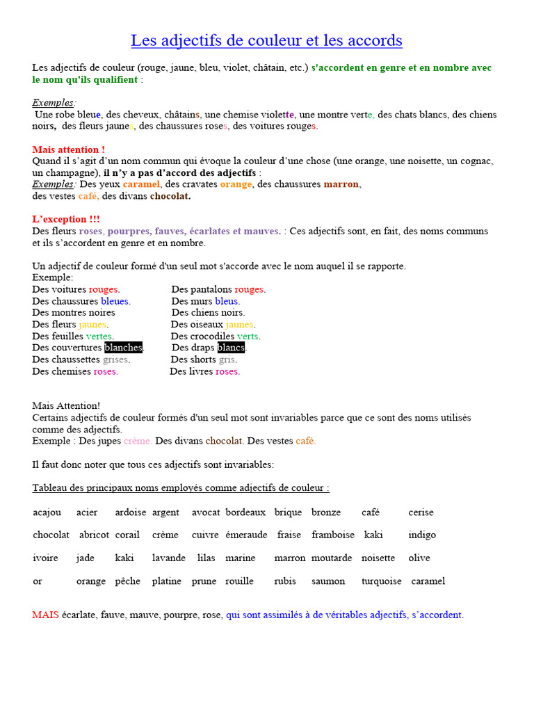 Accords des adjectifs de couleur | PDF | Bleu | Gris