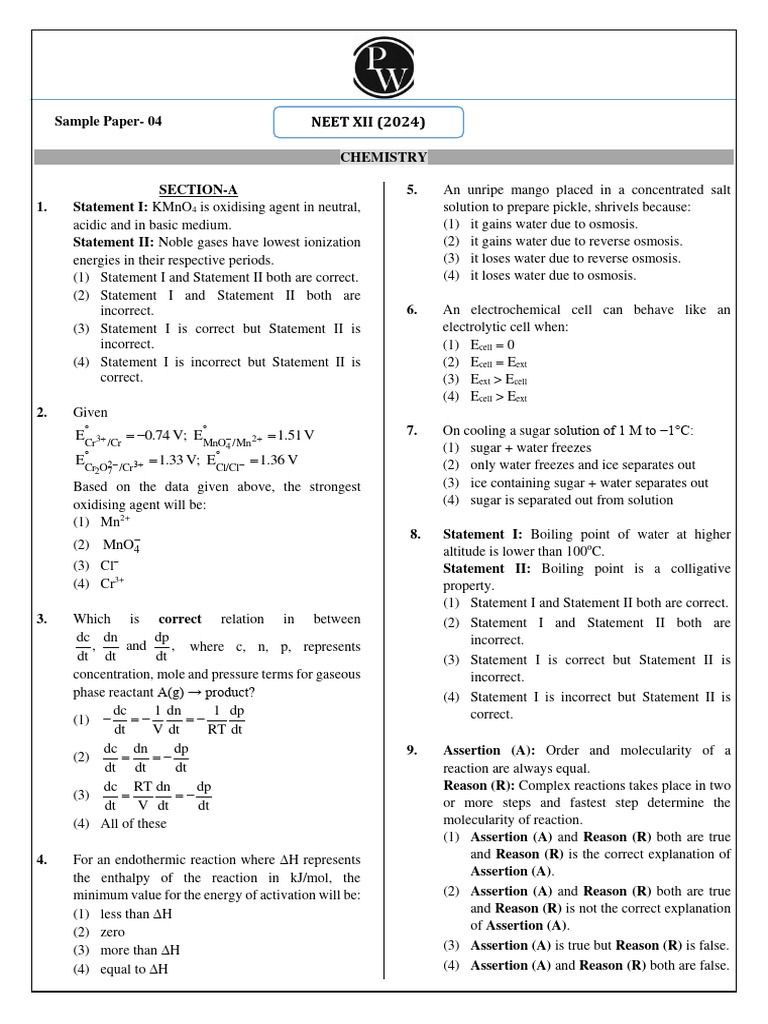 Class 12th NEET Chemistry Sample Paper 4 Alka Meena Mem Vijay Kr. Kashyap Questions Final 1 ...