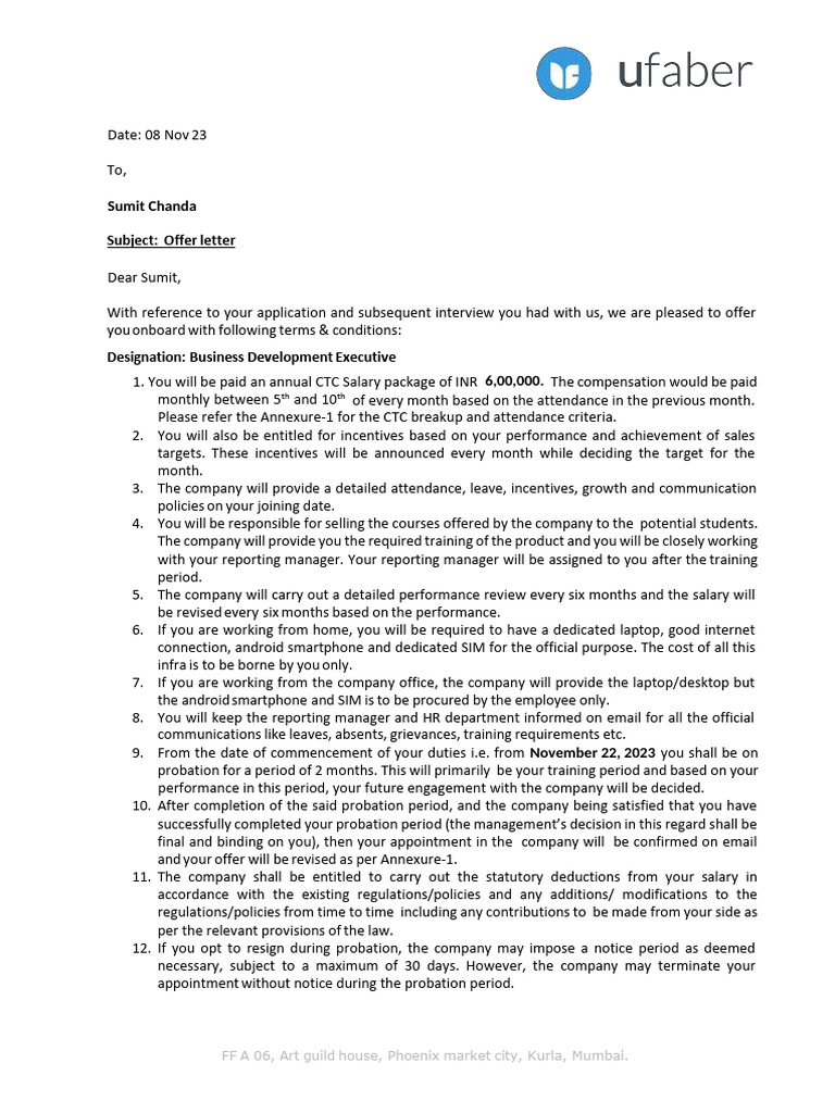 Subham Swain - BDE - Offer Letter | PDF | Employment | Salary Subham Swain - BDE - Offer Letter | PDF | Employment | Salary
